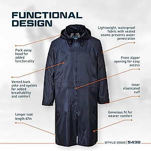 Portwest S438 Men's Waterproof Raincoat - Lightweight Long Rain Jacket with Hood and Pockets Navy, Large