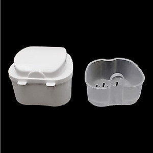 AmeriCan Goods Denture Bath Box with Denture Cleaner Brush Denture Bath Case with Rinsing Basket Tray Container (White)