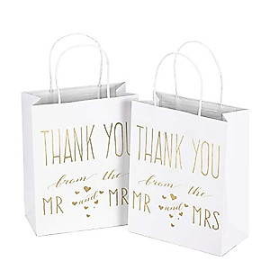 LaRibbons Medium Size Gift Bags - Gold Foil Mr. and Mrs. Thank You White Paper Bags with Handles for Wedding, Bridal Shower, Birthday, Baby Shower, Party Favors - 25 Pack - 8" x 4" x 10"