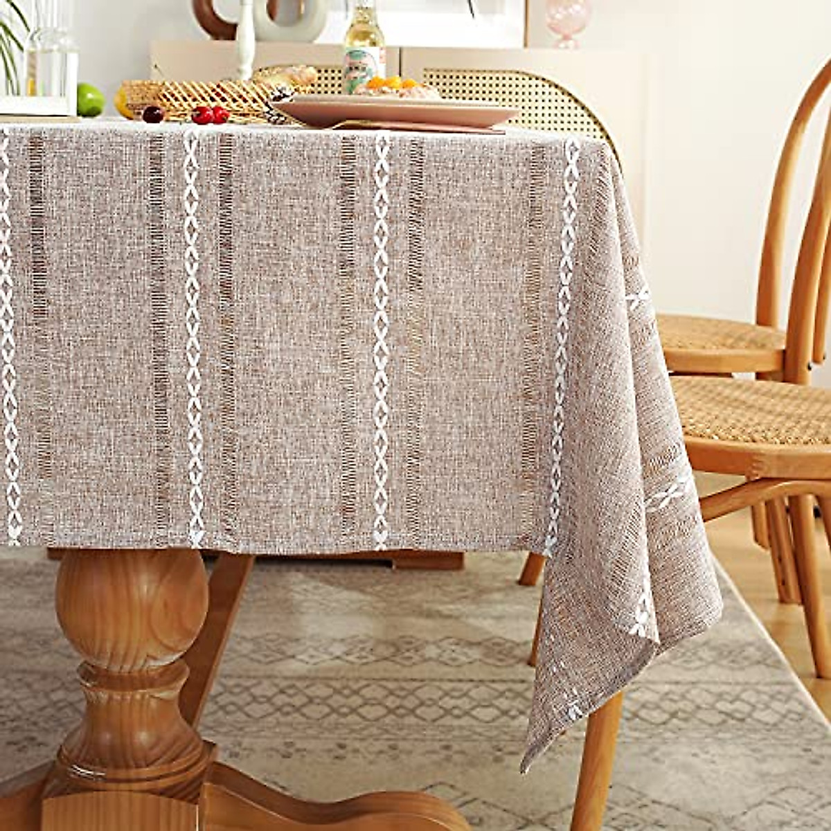Chassic Rustic Farmhouse Style Hemstitched Embroidered Linen Tablecloth, Wrinkle Resistant Washable Dining Room tablecloths for Rectangle Tables, 60 x 84 inches - Light Coffee