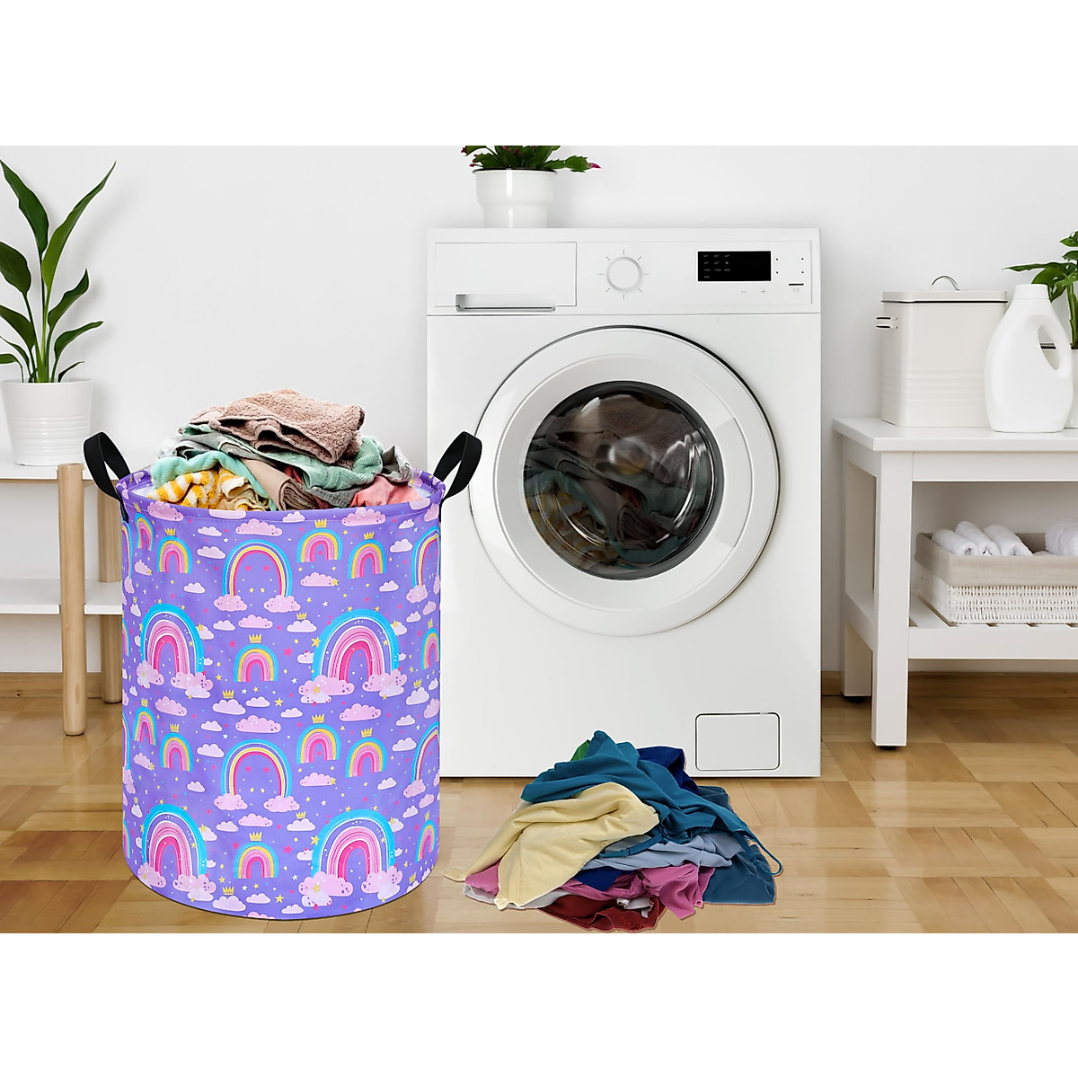 ACMUUNI 19.7 Inch Purple Rainbow Round Kids Round Laundry Clothes Hamper Dino Laundry Basket with Handles,Baby Toys Storage Organizer Bins Laundry Gift Basket for Boys and Girls Room, Bedroom Decor
