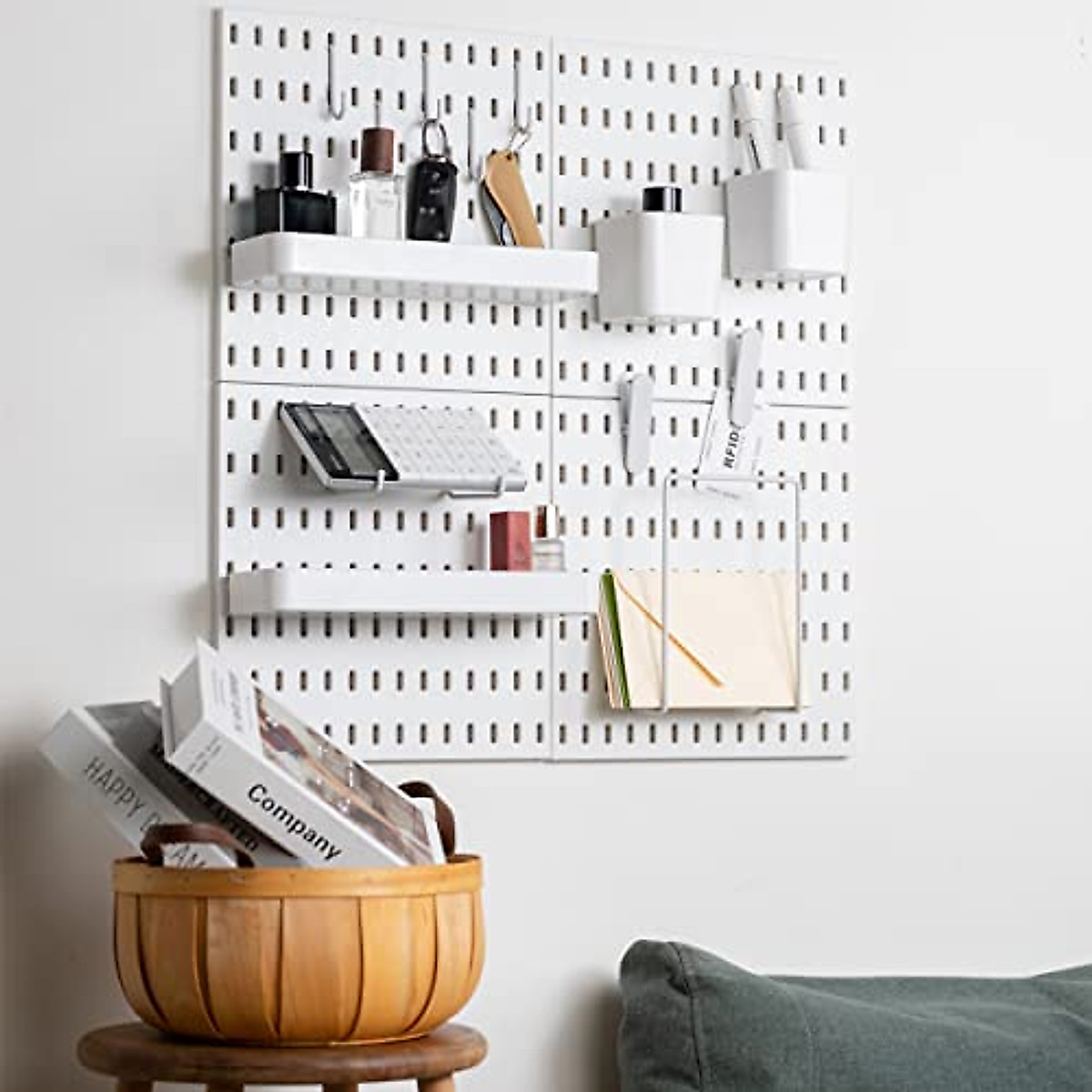 MULSAME Pegboard Combination Kit, Wall Mounted Storage Set with 4 Pegboards & 14 Accessories Hanging, White Peg Boards Organizer for Walls Display, Crafts Organization, Kitchen Organizer, 22" x 22"