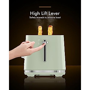 Toaster 2 Slice Stainless Steel Toaster Retro with 6 Bread Shade Settings, Bagel, Cancel, Defrost Function, Longdeem 2 Slice Toaster with Extra Wide Slot, Removable Crumb Tray, Pastel Green