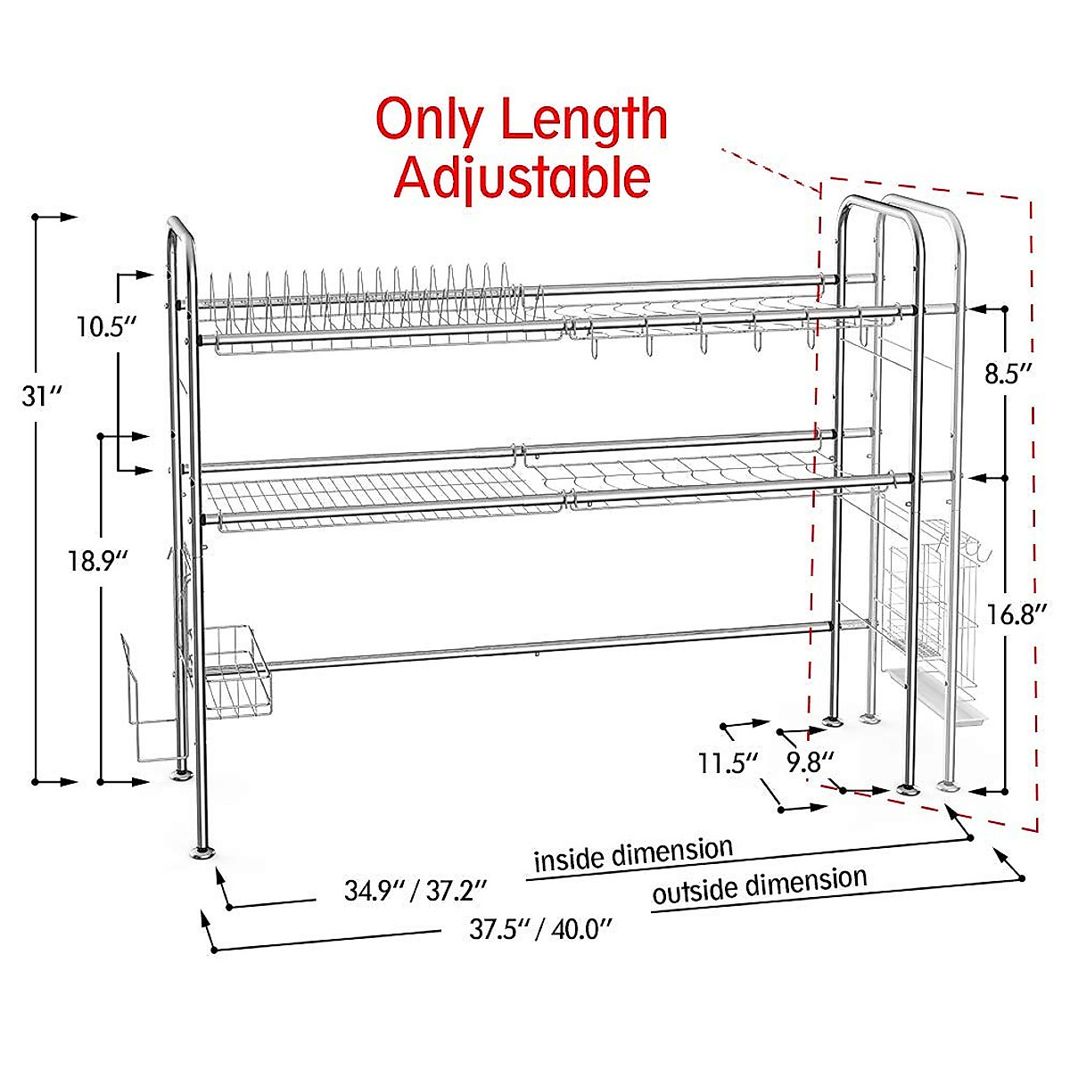 NEX Dish Rack Over The Sink, 2 Tier Large Dish Drainer Length Adjustable, Sliver