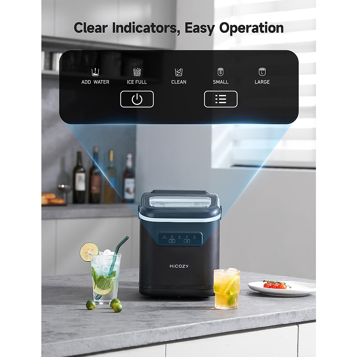 HiCOZY Countertop Ice Maker with Handle, Ice in 6Mins, 26 lbs/Day,Portable Ice Maker Machine with Self-Cleaning for Apartment/Under Cabinet/Kitchen/Office/Camping/RV/Home Bar(Black)