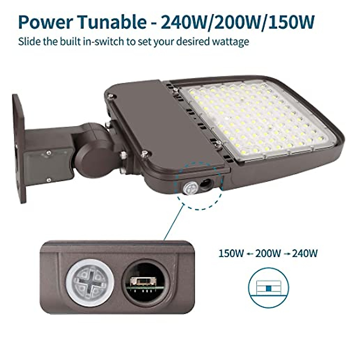 Xbuyee (2 Pack) 240W LED Parking Lot Light with Dusk to Dawn Photocell, Outdoor Commercial LED Shoebox Lights with Arm Mount, Dimmable 130LM/W 5000K 100-277V IP65, Wattage Tunable 240W/200W/150W, ETL