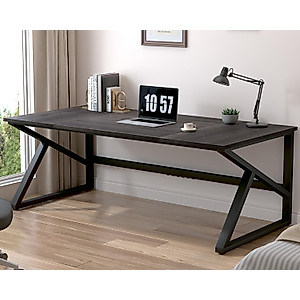 IBF Long Desks for Home Office, Large Metal Wooden Computer Desk for 2 Monitors, 70 Inch Two Person Desk for Executive Work Writing Study Gaming, Industrial Modern Big Double Desk, Dark Gray Oak