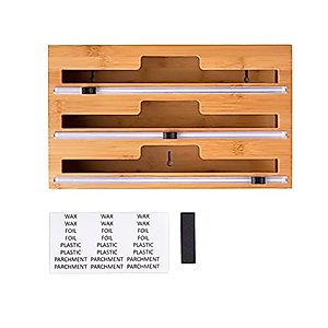 Kind Den 3-in-1 Bamboo Wrap Storage Holder & Dispenser | Plastic Wrap Dispenser With Cutter | Organizer For Cling Film, Aluminum Foil & Wax Paper | Great For Kitchen Drawer Storage And Organization