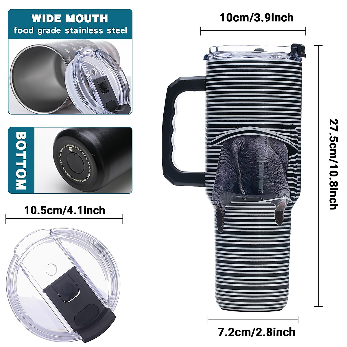 Gome 40oz Elephant Tumbler – Insulated Stainless Steel Cup with Handle, Lid & Straw, Wildlife Gifts for Women, Animal Lovers, Birthday & Nature-Inspired Gift
