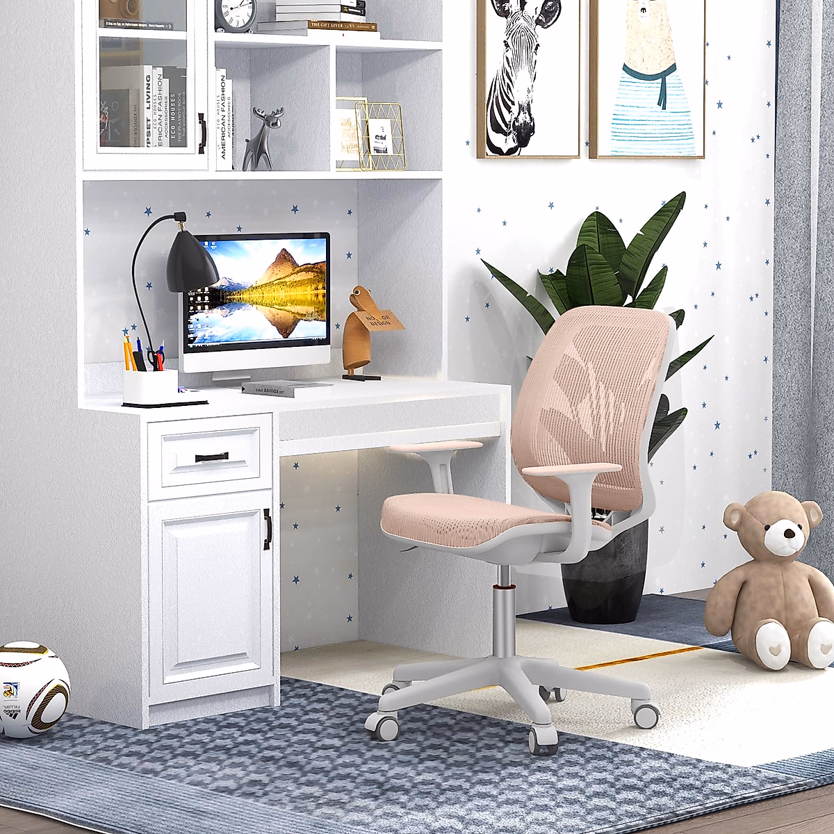 HONEY JOY Kids Desk Chair, Children Computer Chair with Adjustable Height, Ergonomic Kids Office Study Chair with Sit-Brake Wheels, Swivel Mesh Task Desk Chair for Teens Boys Girls (Pink)