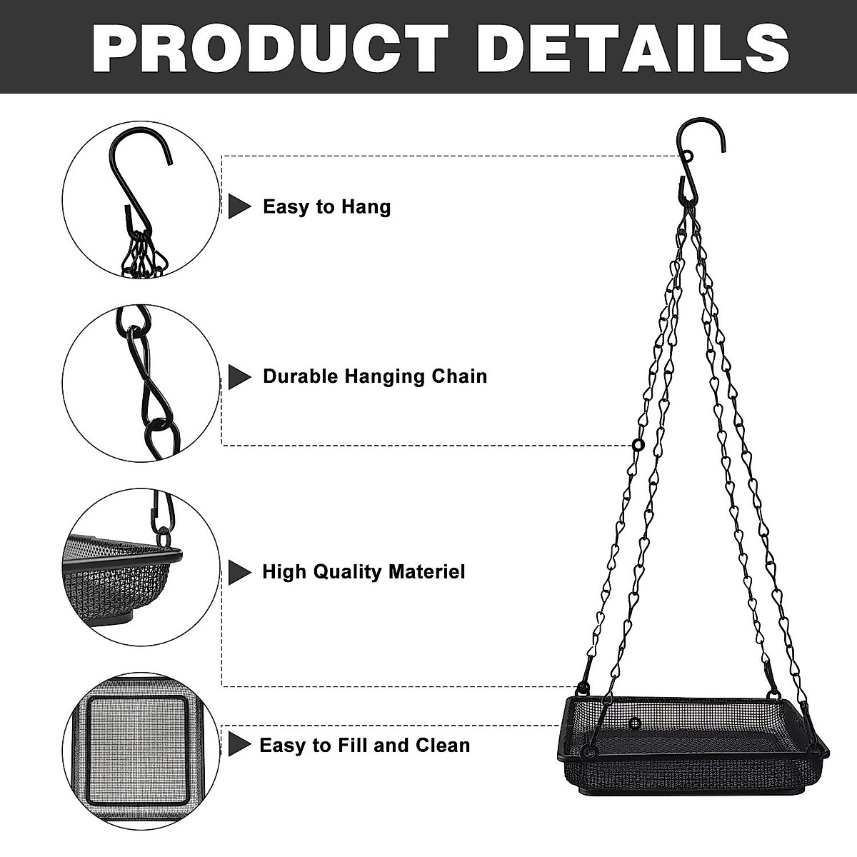 MIXXIDEA Hanging Bird Feeder Tray Metal Mesh Platform Seed Feeder with Durable Chains for Outdoors Garden Great for Attracting Birds (1 Pack)