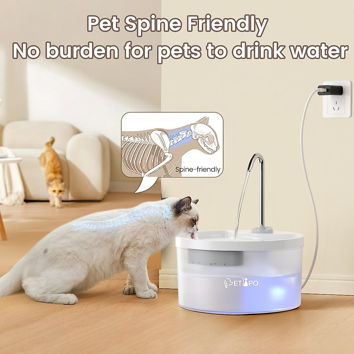 Petlipo Cat Water Fountain, 3L/100oz Super Silent Pet Water Fountains for Cats Dogs Indoor, Cat Fountain with Water Alert Light, Kitty Spout Cat Drinking Fountain, BPA-Free, Easy Clean (White)