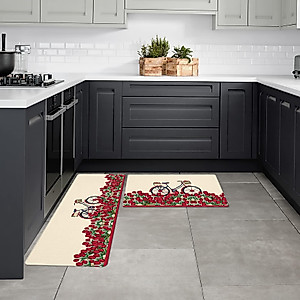 Libaoge Full of Love Bicycles and Red Rose Flower Floral Kitchen Mat Rug Set of 2 Runner Rug Anti-Fatigue Comfort Memory Foam Standing Mat Non-Slip Floor Door Mat for Bathroom Bedroom 18x30in+18x60in