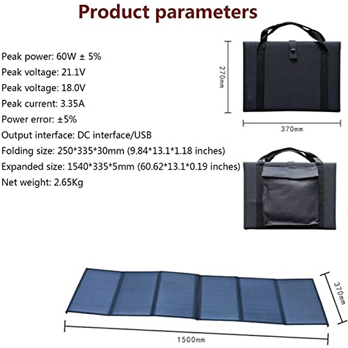 Solar Panels 60W Portable Solar Charger Foldable Solar Panel with USB Dc Port Waterproof for Travel Camping Garden USB Devices