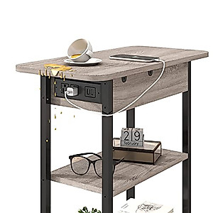LIDYUK End Table with Charging Station, Set of 2 Flip Top Narrow Side Table for Small Spaces, Nightstands Set of 2 for Bedroom, End Tables Living Room Set of 2 with Storage Shelves, Greige