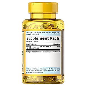 Vitamin D3 5,000 IU Bolsters Immunity by Puritan's Pride for Immune System Support and Healthy Bones and Teeth 200 Softgels, packaging may vary