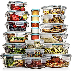 Razab 35 Pc Set Glass Food Storage Containers with Lids - Glass Meal Prep Containers Airtight Glass Bento Boxes BPA-Free 100% Leak Proof (15 lids,15 glass & 5 Plastic Sauce/Dip Containers)