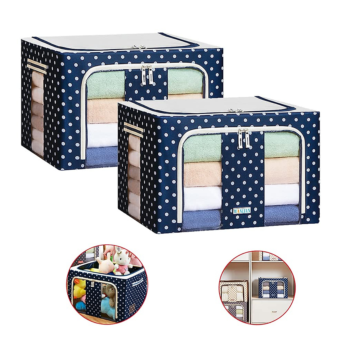 Fei Container Organizer Metal Frame Basket Set with Large Clear Window and Carry Handles for Bedding,Clothes,Closets, Bedrooms (capacity : 66L 2 Pack)