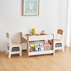 Asweets Kids Table and Chair Set,4 in 1 Toddler Desk with Storage Drawer,Wooden Activity Table for 2 in 1 Detachable Tabletop,Bookshelve,Suitable for Classroom,Home, Nursery, Playroom (Natural White)