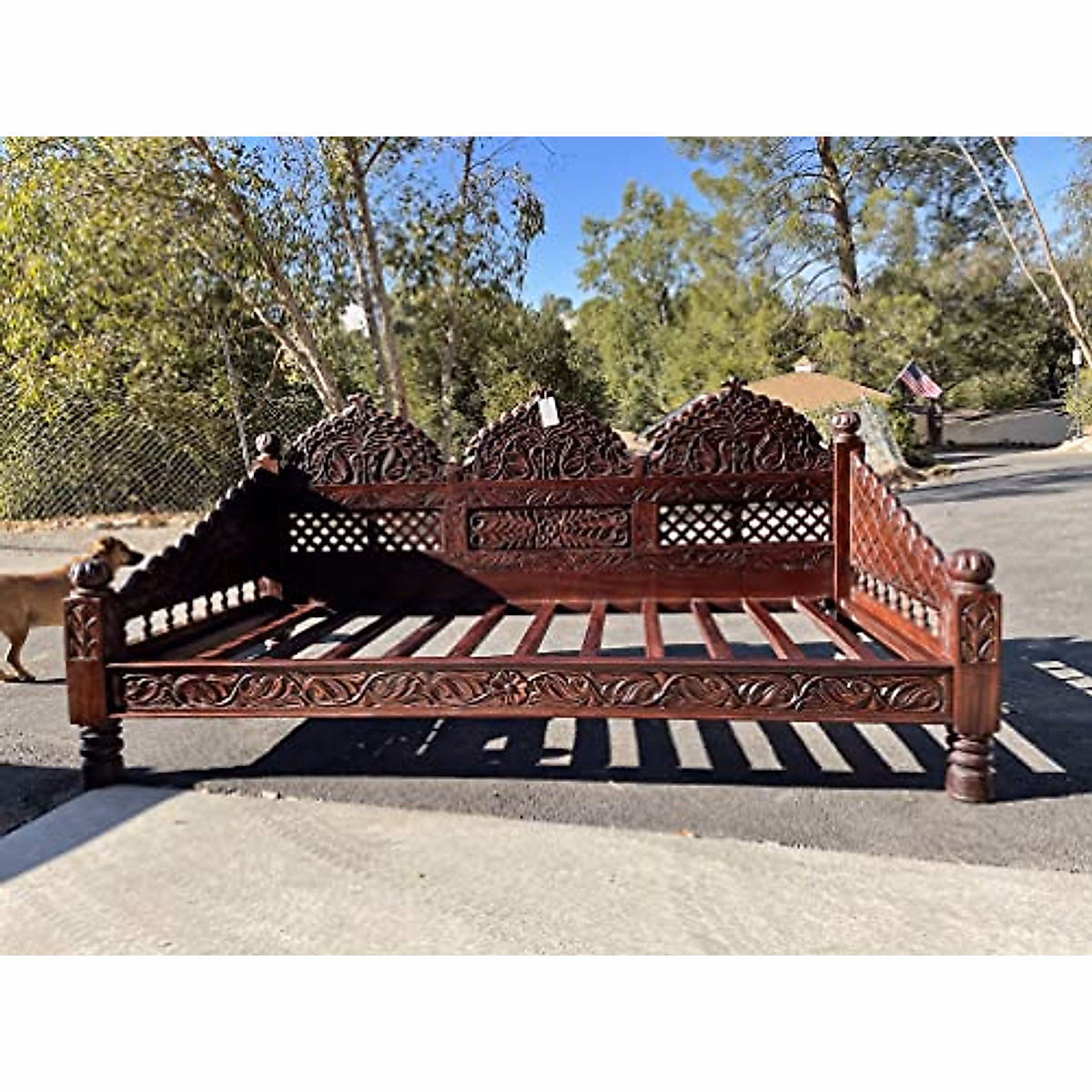 Worldcraft Industries Carved Arch DayBed. Medium Antique Finish. Twin XL Size. Handmade from Solid Mahogany Wood. Designed, Produced and Imported Indian Inspired Day Bed Sofa.