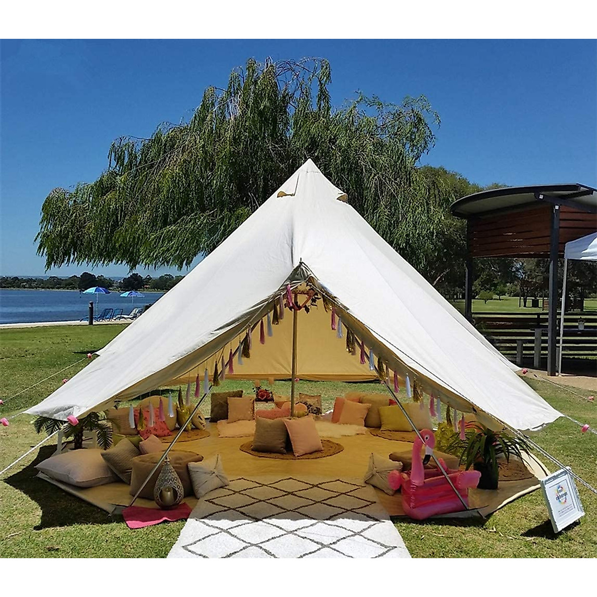 BOOMLATU 4 Season Waterproof Large Family Camping Cotton Canvas Bell Tent Beige Glamping Tent with Roof Stove Jack Hole and Electric Cable Hole (Diameter: 5M-16.4ft)