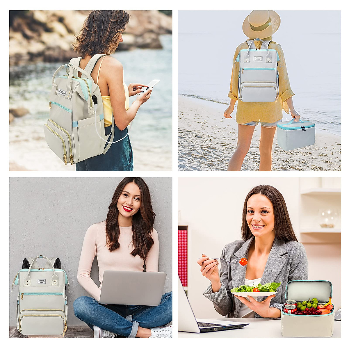 Lunch Backpack for Women, 15.6 Inch Laptop Backpack with USB Port, Stylish School Backpack Teacher Nurse Work Bag with Insulated Cooler Lunch Box for Women Men/Girls/ Business/Travel,Grey Blue