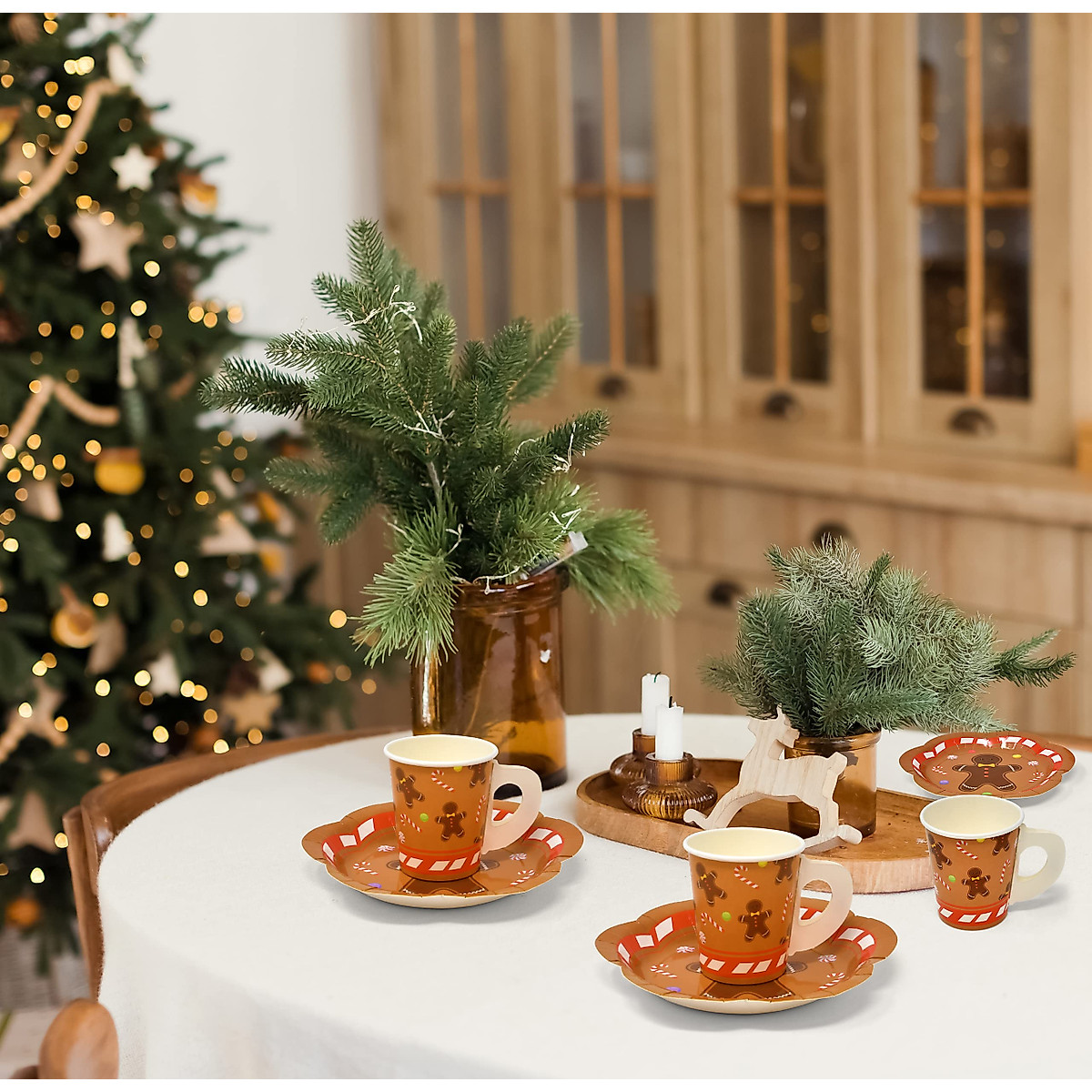 Gift Boutique 24 Disposable Christmas Gingerbread Party Cup 7 Oz 24 & 7" Paper Scallop Shaped Saucer Plates Set with Handle for Tea Hot Cocoa Chocolate Coffee Mugs Holiday Xmas Table Dinnerware Suppy