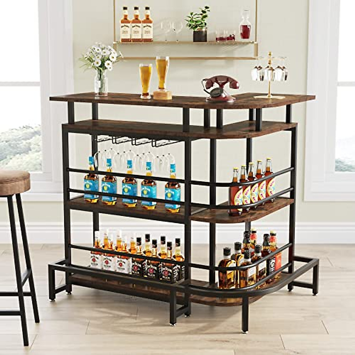 Tribesigns Home Bar Unit, L-Shaped Liquor Bar Table with 4 Glasses Holders and 4 Tier Shelves, Wine Bar Cabinet Mini Bar for Home Kitchen Pub, Freestanding Coffee Bar Table with Footrest, Rustic Brown