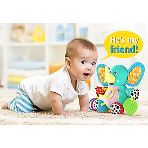 OKIKI Elephant Plush Stuffed Infant Toy, Baby Development Toys with Musical Box, Squeaky Feet, Kids Mirror, BPA Free Teether - Stroller, Crib, Carseat Baby Toys