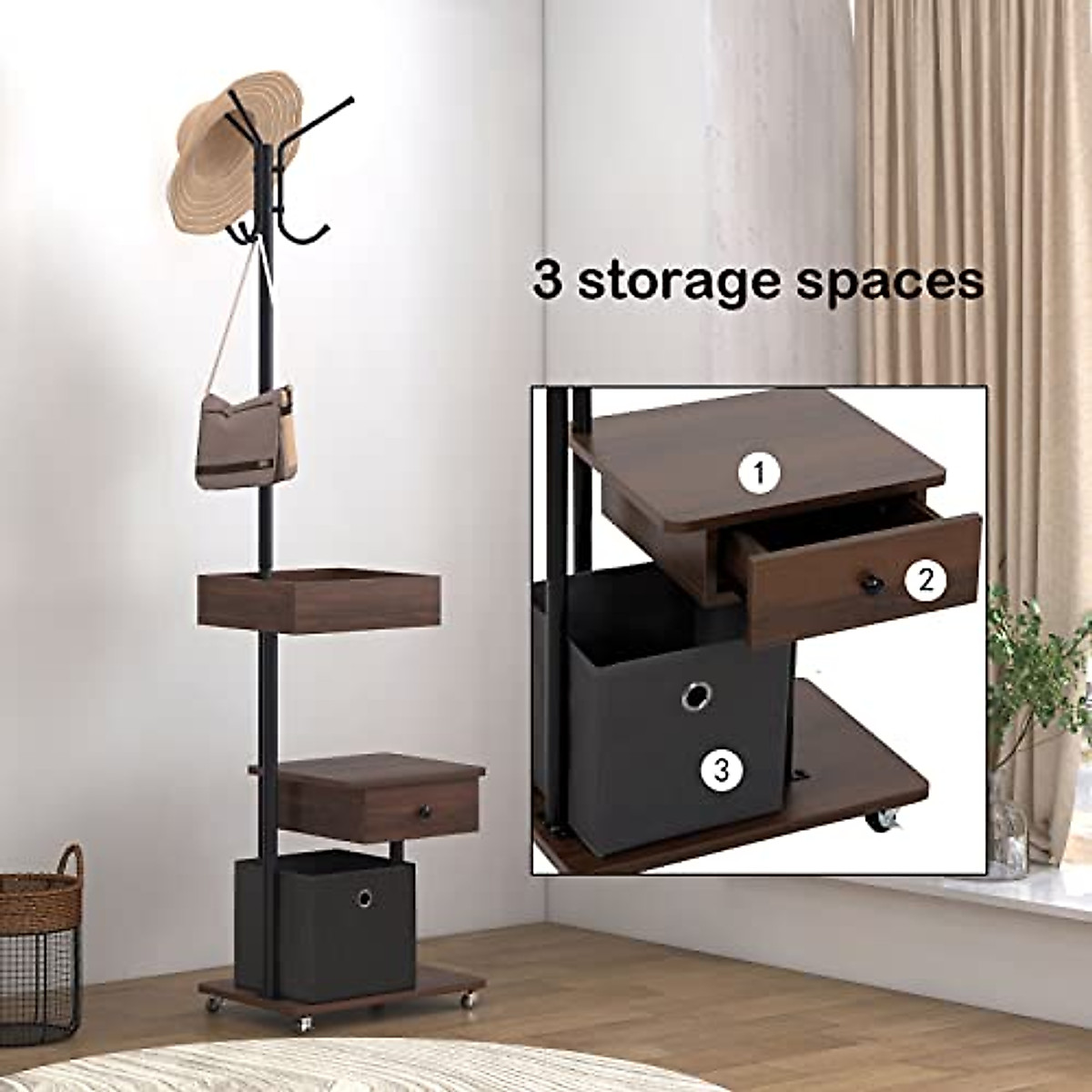 soges Coat Rack and Nightstand, Brown Wooden Nightstands with One Drawer and One Non-woven Basket, Metal Coat Rack for Bedroom, Living Room