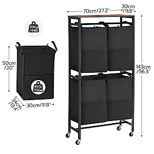 HOOBRO Rolling Laundry Sorter 4 Sections, 2 Tier Vertical Laundry Hamper with Wheels, 52 Gal (198L), Laundry Baskets for Laundry Room, Bedroom, Bathroom, Cloakroom, Rustic Brown and Black BF71XY01
