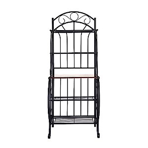 65 Inch 5 Tier Bakers Rack, Middle Wood Shelf, Carved Black Metal Frame