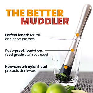 Drink Muddler for Cocktails, 8 Inch Old Fashioned/Mint Julep/Mojito Muddler, Stainless Steel Bartending, Kitchen Muddler Tool