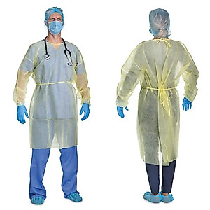 Disposable Isolation Gown | Yellow | One Size Fits All | Fluid Resistant Protective Gowns (10 Pack)
