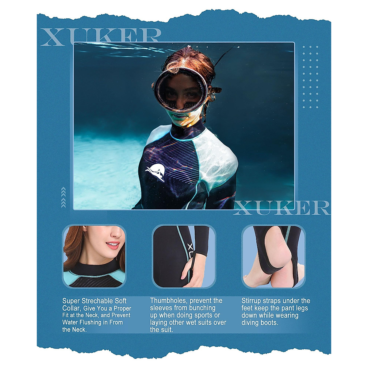 XUKER Wetsuit Women, 2mm Neoprene Long Sleeve Full Body Back Zip Wet Suit in Cold Water for Diving Surfing Snorkeling Kayaking Swimming Scuba Water Sports