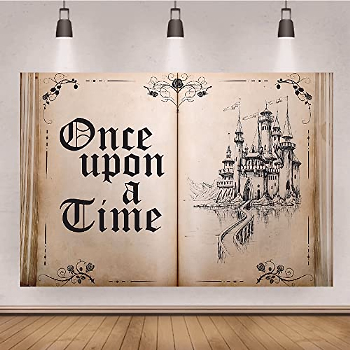 Fairy Tale Books Backdrop Once Upon a Time Backdrops Ancient Castle Princess Romantic Wedding Birthday Party Decorations Magic Book Background Banner Props 5x3FT