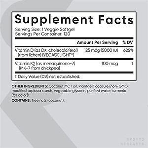 Sports Research Vitamin D3 + K2 with 5000iu of Plant-Based D3 & 100mcg of Vitamin K2 as MK-7 | Non-GMO Verified & Vegan Certified (120ct)
