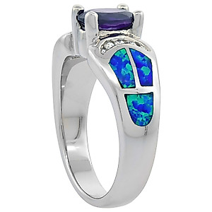 Sterling Silver Blue Synthetic Opal Oval Ring for Women Amethyst CZ 3/8 inch size 7