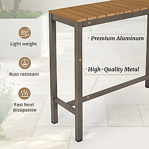 Cozyman Outdoor Bar Height Table and Chairs Set, 3 Piece Patio Pub Bar Set with 55" Slatted High Top Table and 2 Armrest Bar Stools for Balcony, Poolside, Yard, Teak