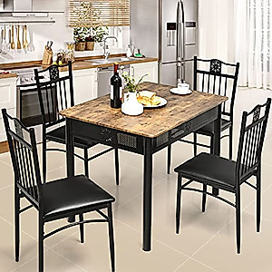 Tangkula 5 Pieces Dining Table and Chairs Set, Vintage Retro Wood Top Metal Frame Padded Seat Dining Table Set Home Kitchen Dining Room Furniture