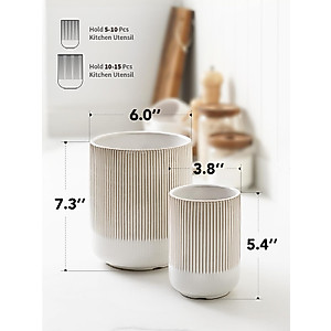 LE TAUCI Utensil Holder, 7.3"+5.4" Ceramic Kitchen Utensil Holder for Countertop, Large Cooking Utensil Crocks Gift for Mom, Boho Farmhouse Kitchen Decor, Set of 2, Reactive Glaze Arctic White