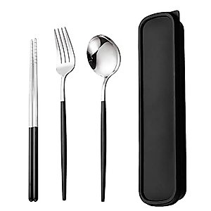 AXIAOLU Travel Utensils, Stainless Steel 4pcs Cutlery Set Portable Camp Reusable Flatware Silverware, Include Fork Spoon Chopsticks with Case (Black)