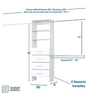 Closet Shelves Tower With Drawers & Hanging Closet Kit - Built In Closet Organizer System - Corner Closet System - Closet Organizers And Storage Shelves - Closet Shelving - Expands From 52" - 120" (ETW-DR4-25.5)