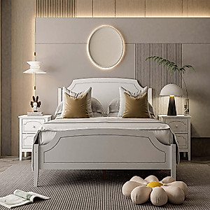 Altillo King Size Bed Frame, White Contemporary Solid Wood Bed, Wooden Platform Bed Frame, Slatted Supports, No Box Box Needed, King Size Painted Finish (King)