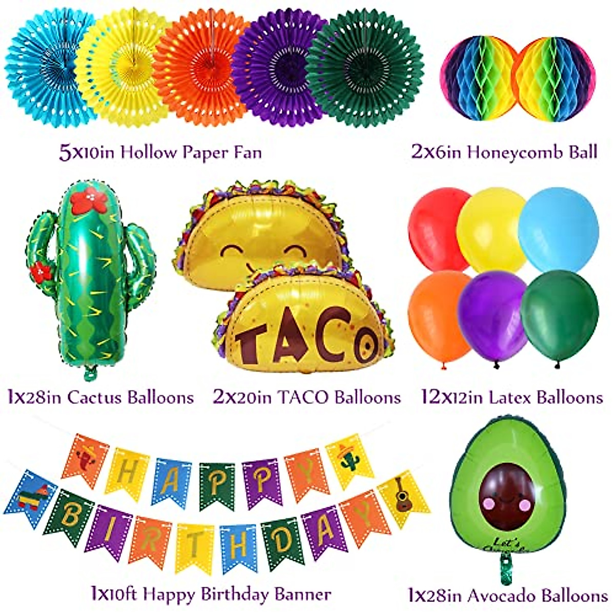 Fiesta Party Decorations, Taco Twosday Birthday Party Happy Birthday Banner Hanging Paper Fans Honeycomb Ball Balloons for Birthday Parties Rainbow Party