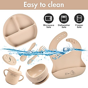 Baby Led Weaning Supplies - Kirpi Baby Feeding Set - Silicone Suction Bowls, Divided Plates, Sippy and Snack Cup - Toddler Self Feeding Eating Utensils Set with Bibs, Spoons, Fork - 6 Months (Beige)