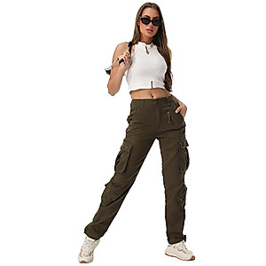 Raroauf Tall Girls Casual Pants for Women's Mid-Rise Cotton Work Cargo Pants Y2K Baggy Tactical Combat Trousers 8 Pockets Army Green Size 44/US 22