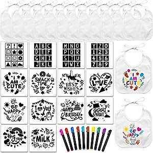 38 Pcs DIY Baby Bibs Set Includes 14 Bibs and 14 Stencils with 10 Fabric Markers 2 Ply Knit Terry Feeder Bibs Baby Drooling Bibs Newborn Cloth Bibs for Baby Shower Party Baby Gender Reveal Games