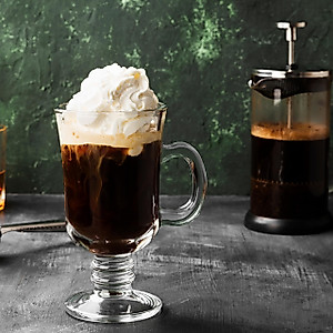 PARNOO Irish Coffee Mugs - 8 oz. Irish Coffee Glass with Handle & Footed Stem Base - Clear Irish Coffee Glasses for Tea, Coffee, & Hot Chocolate - Heavy Duty Irish Coffee Mugs Set of 4