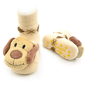 Piero Liventi Brown Dog Boogie Toes Rattle Sock, 1-Pair (0-1Y) Rattles Foot Finder, Rattle Sock Baby Toddler Toy, Gift for Newborn Infant Babies Boy Girl